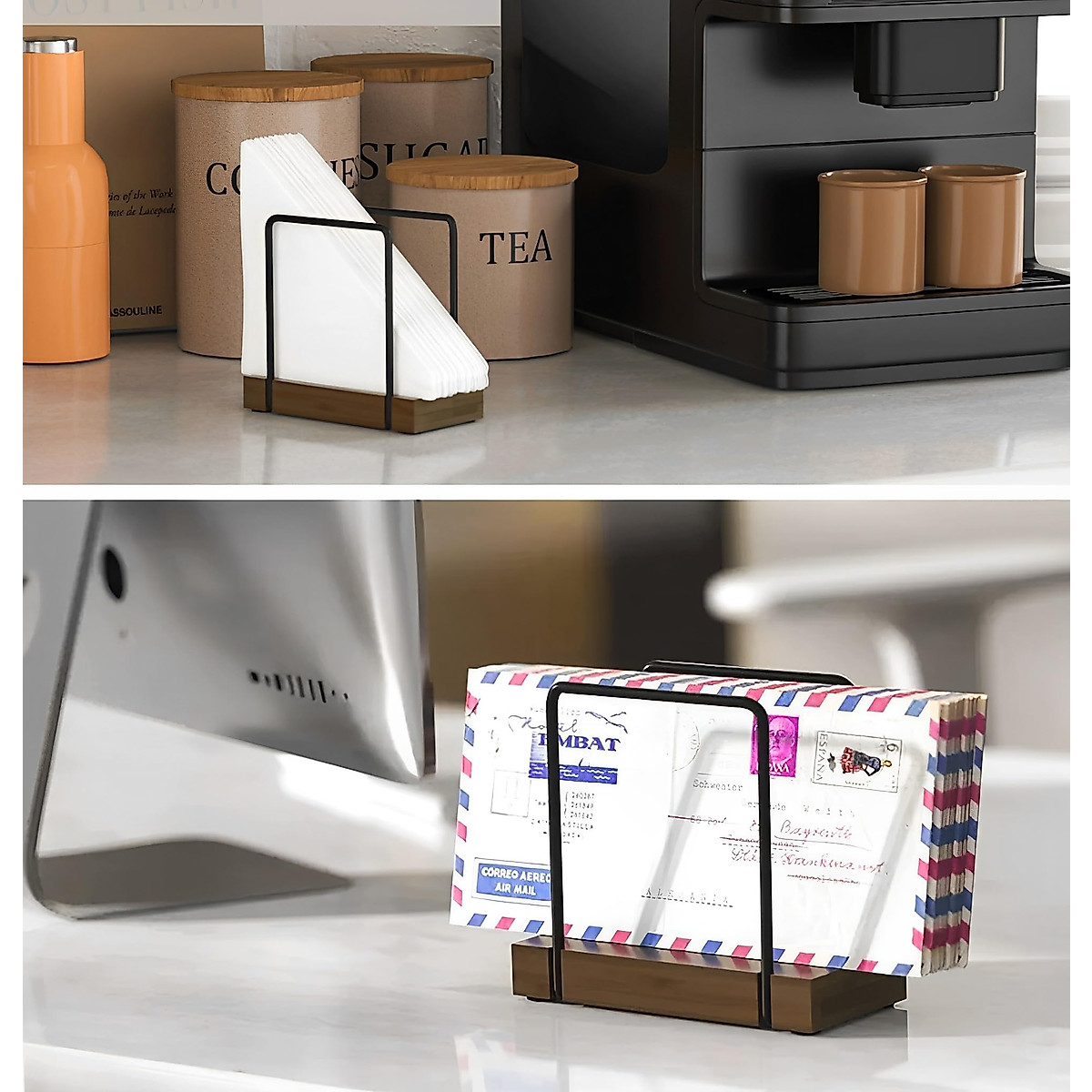 Modern Wooden Napkin Holder for Table with Black Steel Wire-Farmhouse Napkins Holder Dispenser-Napkin Holders for Kitchen & Dining Tables Decor