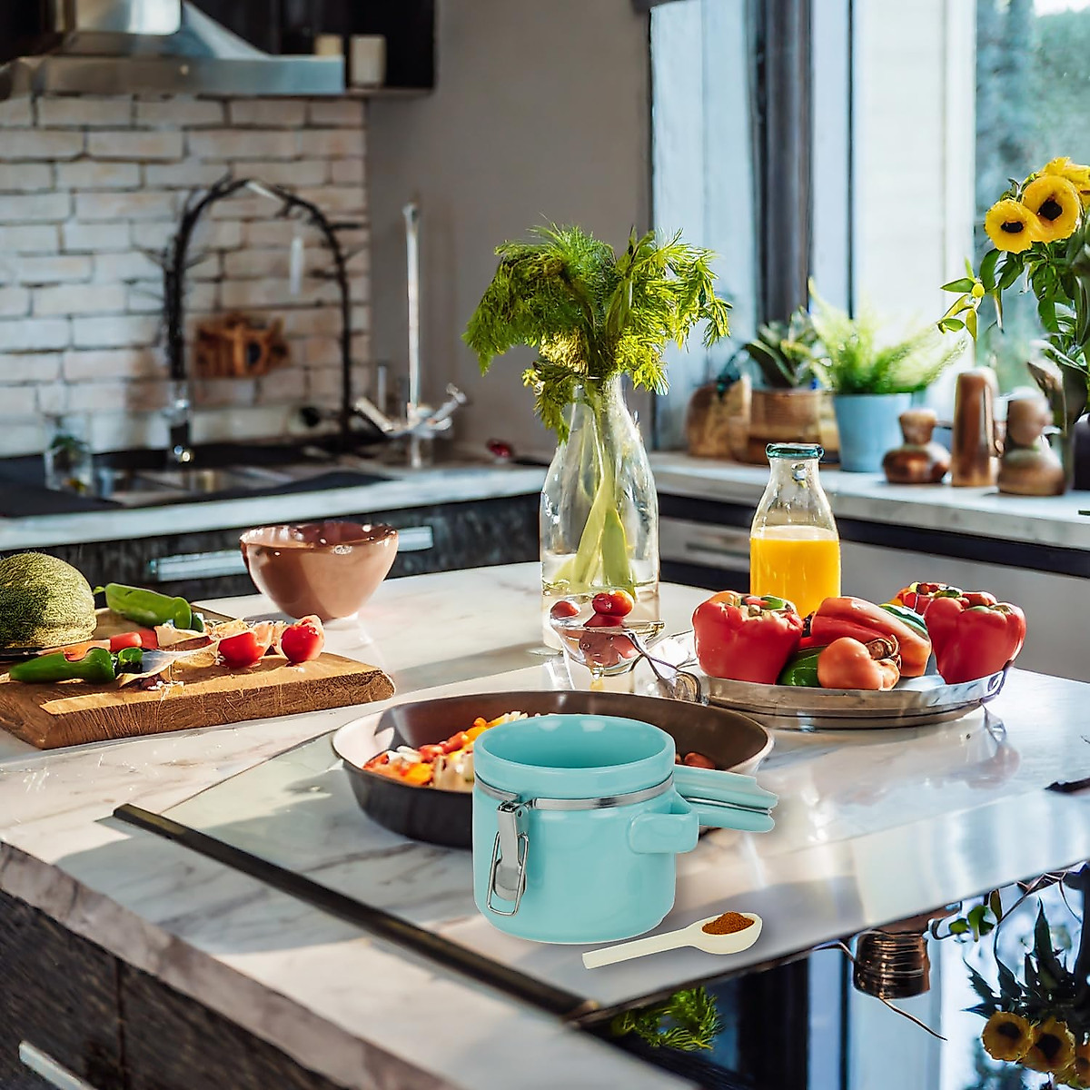 Canister Sets For The Kitchen (4 Piece) Turquoise, High Gloss Ceramic | By Home Basics | Decorative Kitchen Set | With Wooden Spoons, Countertop Set For Flour, Sugar, Coffee, and Snacks