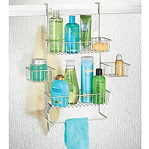 mDesign Steel Shower Caddy Hanging Shelf Rack Storage Organizer 4 Baskets, 2 Hooks for Bathroom, Dorm - Holds Shampoo, Conditioner, Soap Dispenser, Sponge - Klypon Collection - Matte Satin