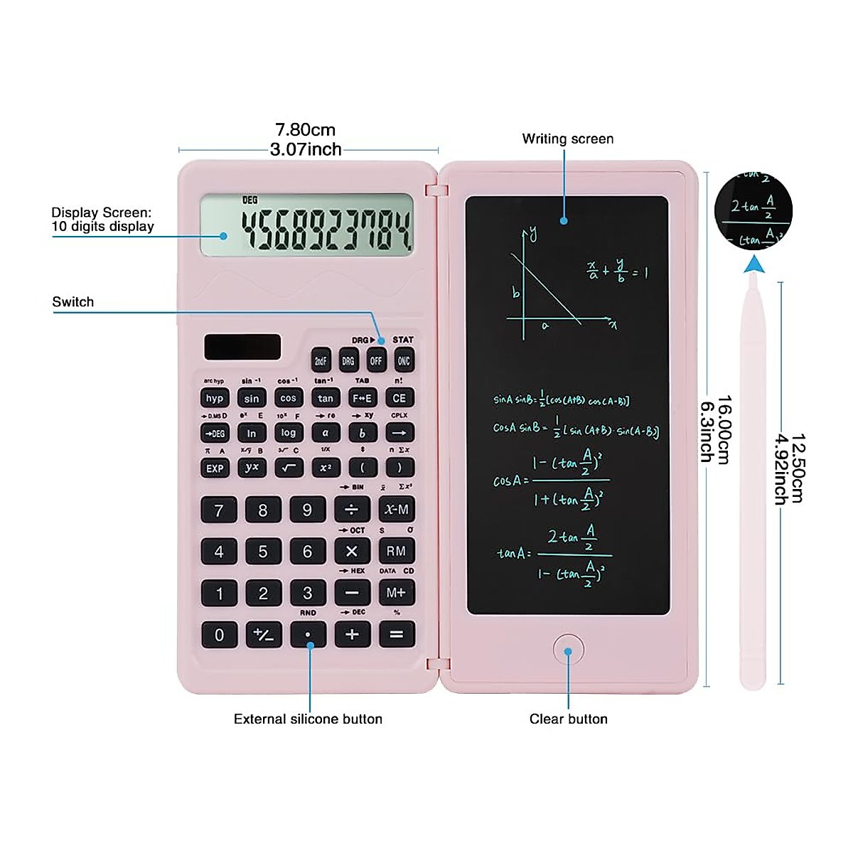 LveSunny Scientific Calculators for Middle School & High School, Solar and Battery Power with Notepad for School，10 Digits Digital with Erasable Writing Board Math Calculator (Pink)