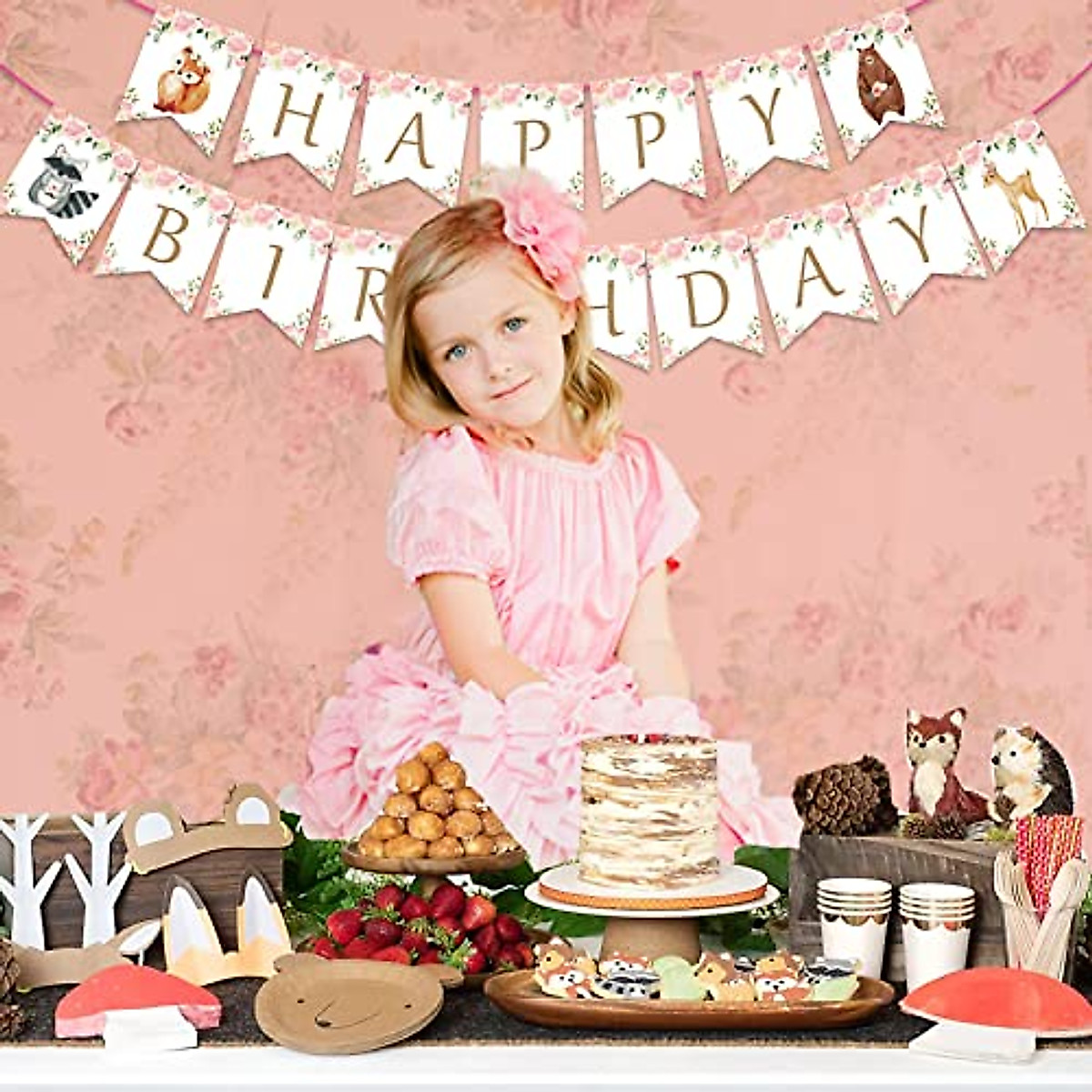Woodland Happy Birthday Banner-Forest Animal Creatures Bunting Banner Garland for Girls Woodland Birthday Party Decorations