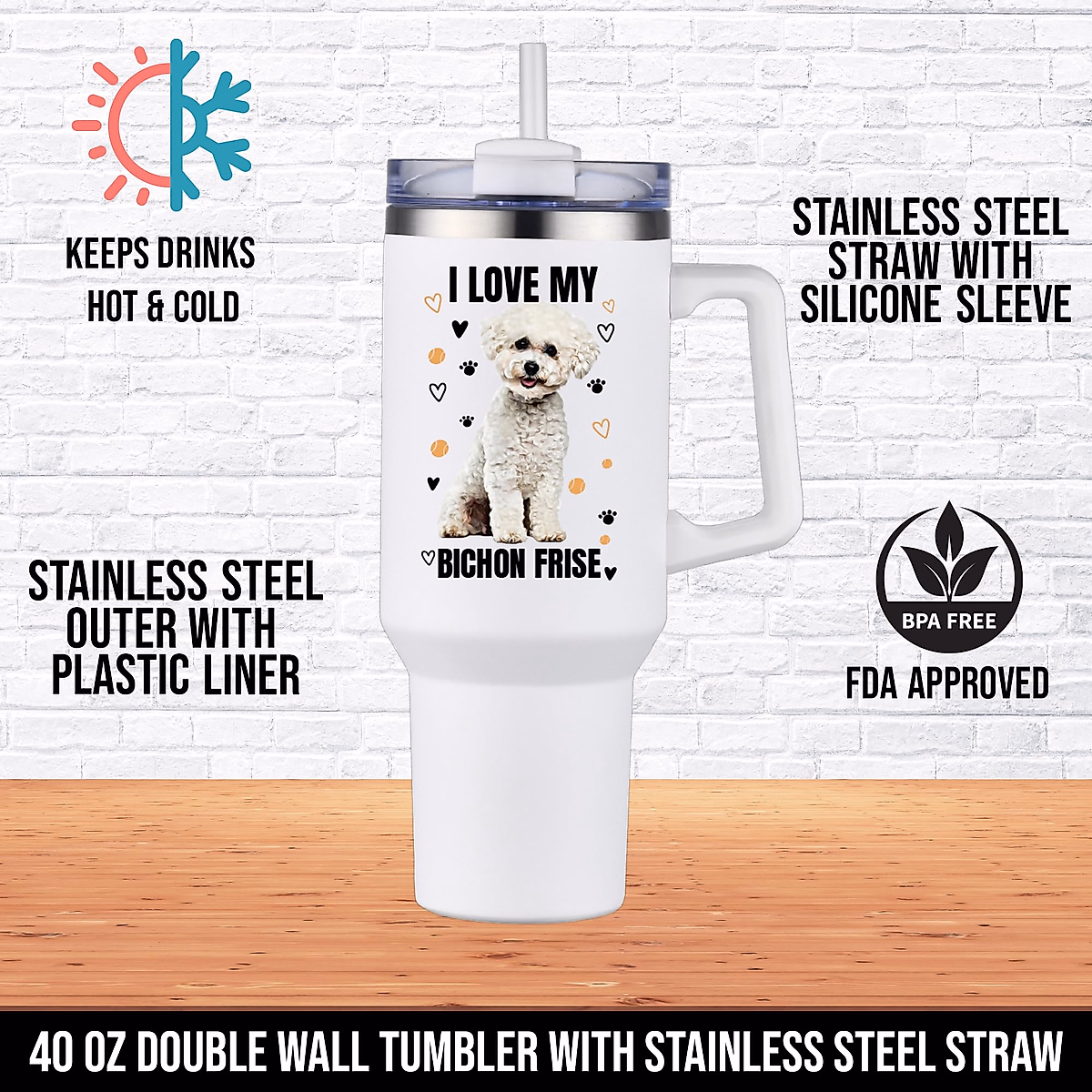 Dog Mom 40 oz Insulated Tumbler with Handle and Straw - Dog Lover Gifts for Women, Bichon Frise Gifts