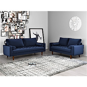 Container Furniture Direct Womble Velvet Upholstered Living Room Diamond Tufted Chesterfield Loveseat With Gleaming Nailhead, Space Blue