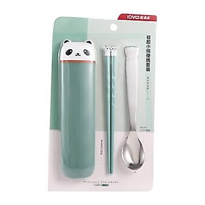 Portable Travel Utensils Set with Case, Reusable Chopsticks Spoon Cutlery Set with Case, Plastic & Stainless Steel & Silicone, Cute Panda Head Premium Flatware Set for Daily Use