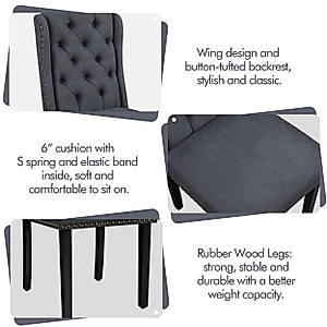 Yaheetech Dining Chairs Upholstered Fabric Chairs Tufted Kitchen Chairs with Solid Wood Legs, Nailhead Trims and Wing Design for Dining Room Kitchen and Restaurant, Set of 6, Gray