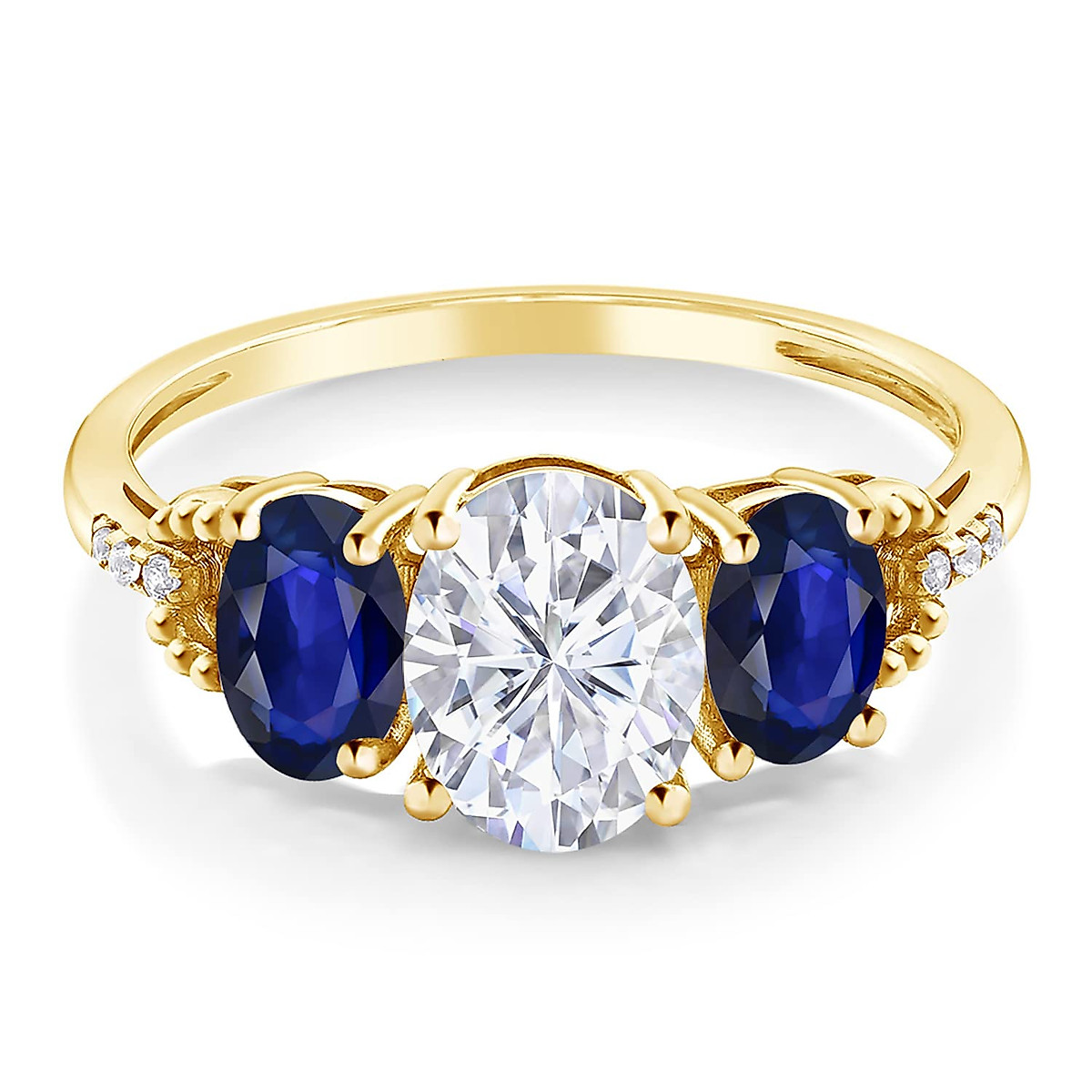 10K Yellow Gold 3-Stone Ring Forever Brilliant Oval 5.19cttw Moissanite by Charles & Colvard and Sapphire (Size 8)