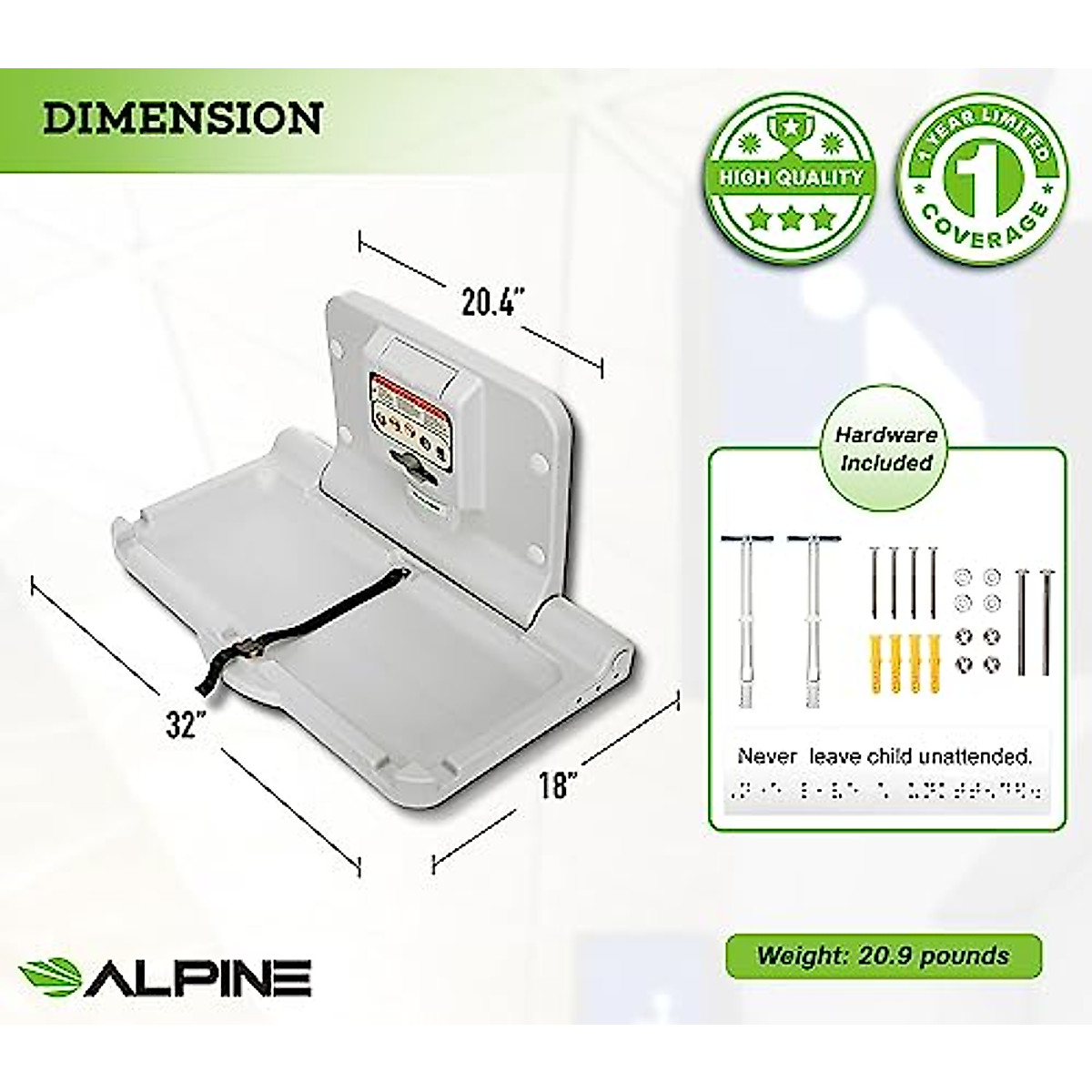 Alpine Wall Mounted Baby Changing Station - Horizontal Baby Changing Table Foldable Diaper Tables with Safety Strap for Commercial Bathroom, ADA Compliant (Hardware Included) White Gray
