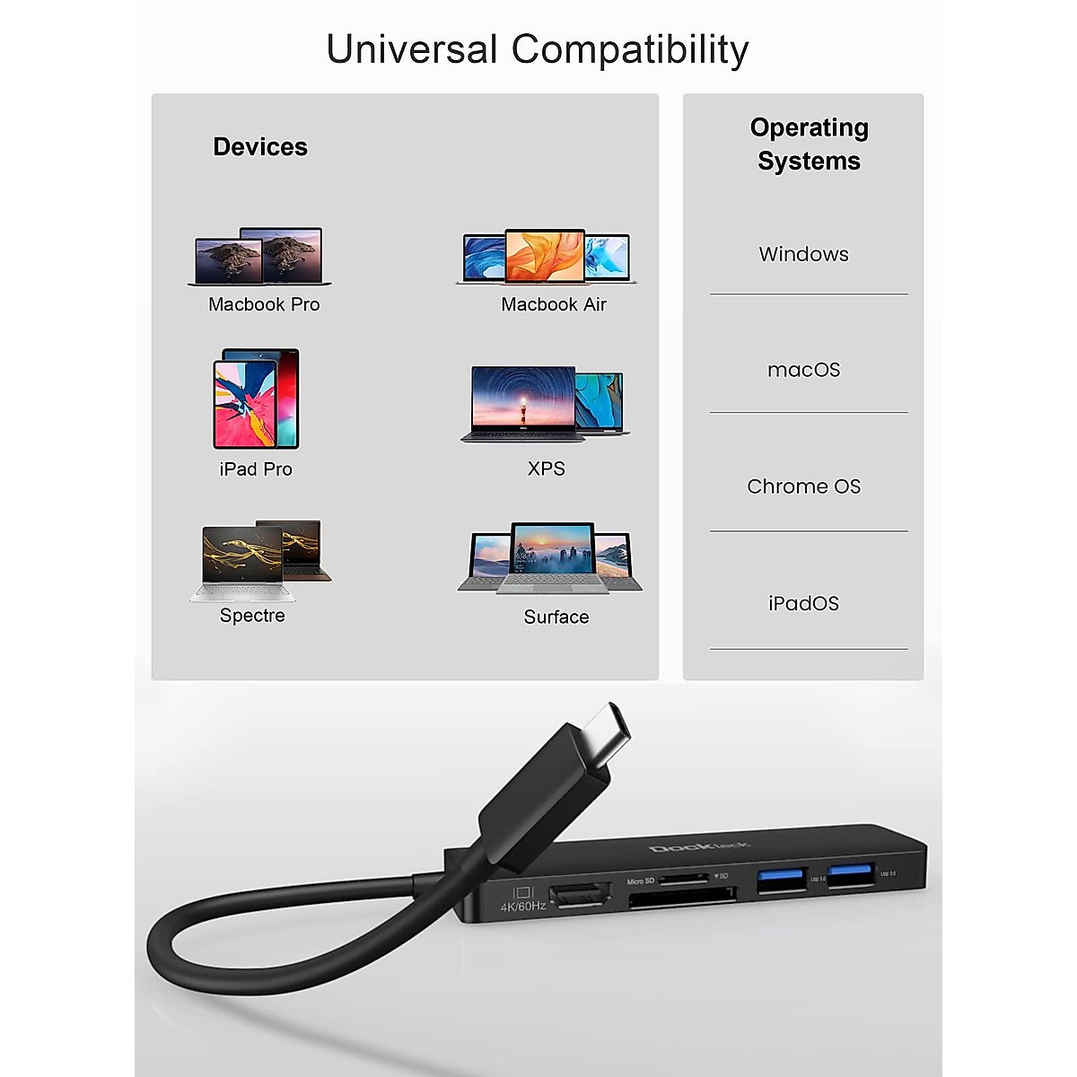 USB C Hub HDMI PD Adapter for MacBook Air/Pro, Surface Pro 7/8, XPS and More, Dockteck 6-in-1 Type C Hub with 4K 60Hz, 100W PD, SD & microSD Card Reader, 2 USB 3.0 Data 5Gbps