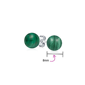 Simple Gemstone Green Malachite Round Ball Stud Earrings For Women .925 Sterling Silver 8MM