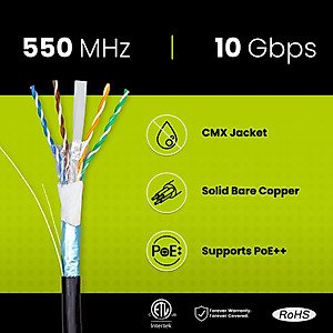 trueCABLE Cat6 Direct Burial, Shielded F/UTP, 1000ft, Waterproof, Outdoor Rated CMX, Black, 23AWG Solid Bare Copper, 550MHz, PoE++ (4PPoE), ETL Listed, Bulk Ethernet Cable