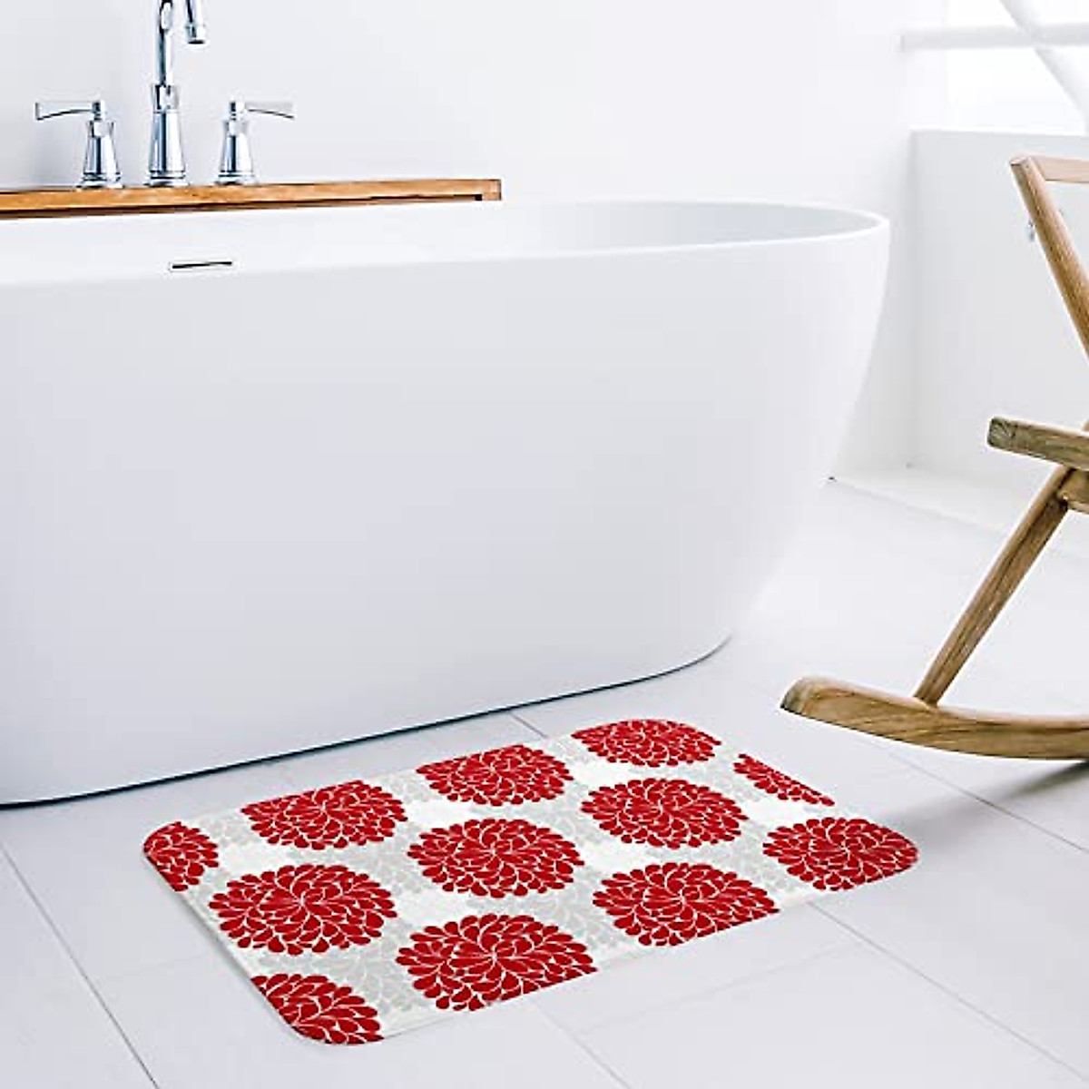 Door Mat Red and Grey Flower Memory Foam Cushioned Kitchen Rug, 18x30 Inch Water Absorbent Soft Touch Standing Mat for Bathroom, Office, Sink, Laundry, Home Hydrangea Texture Tiled