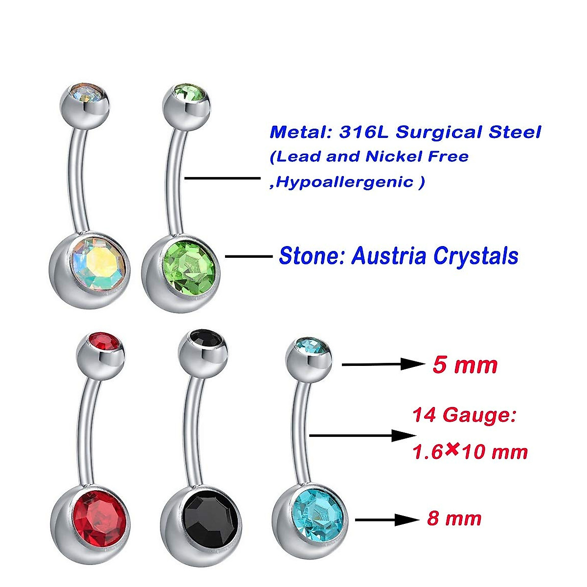 15 PCS Assorted Colors Belly Button Ring Surgical Steel Hypoallergenic Lead and Nickel Free,14 Gauge Navel Piercing Body Jewelry (15 PCS:Steel Ball)