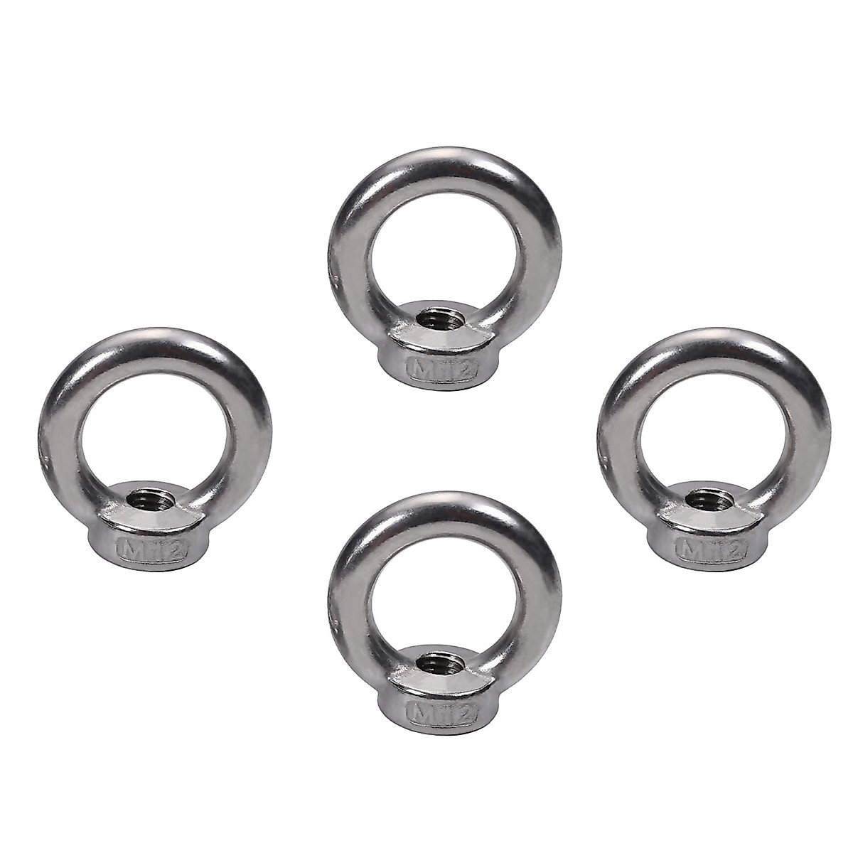 Aicosineg 4Pcs 304 Stainless Steel Eyebolts M12 Female Thread Ring Shoulder Metric EyeNuts Fastener Round Shape Lifting Eye Nut Fastener for Industrial Cables Rope Fitting Marine Silver Tone