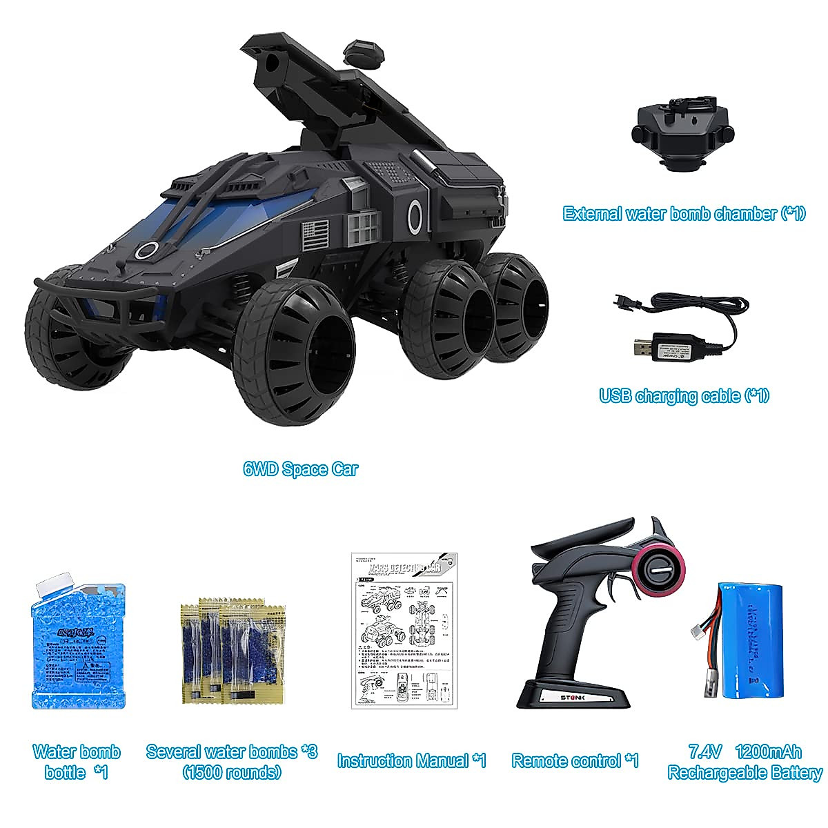 Mostop Remote Control Car, 1500pcs Water Shots 6WD Hobby RC Cars for Kids Boys &Adults, 1/12 Scale Off-Road RC Crawler Car Space Vehicle Toy Gift with Speed & Steering Control Nerf Car