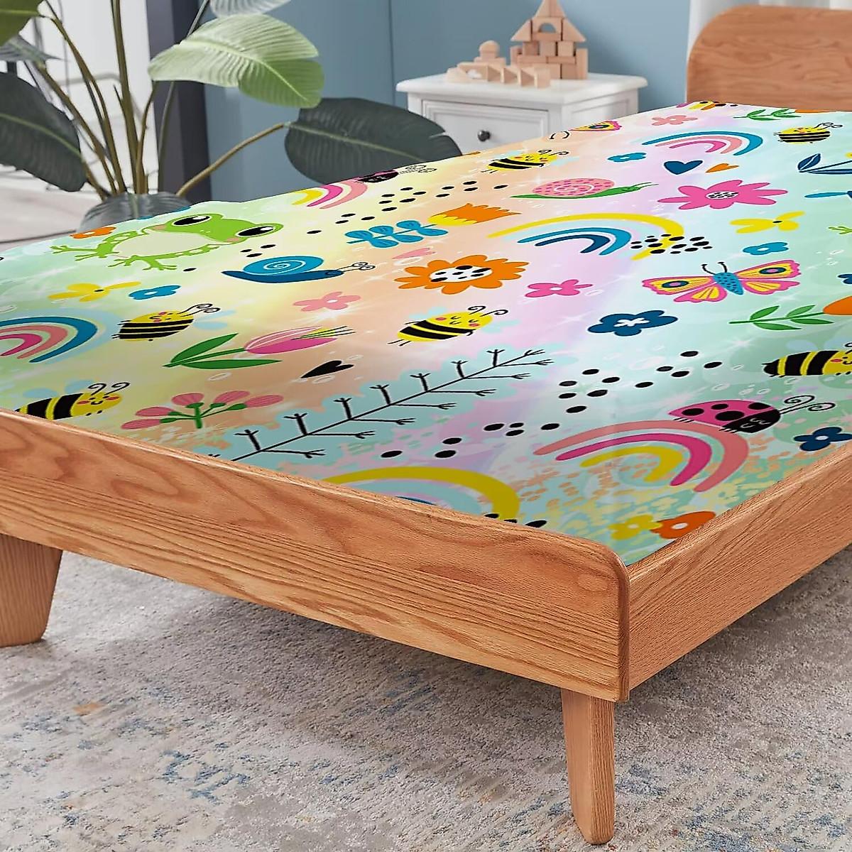 FUYEUN Rainbow Frogs Fitted Sheet Sets,Cartoon Floral Kids Bedding Twin Size for Girls Teens Adults Bedroom Bed, Kawaii Sheets Bedspread Set,1 Flat Sheet 1 Fitted Sheet 1 Pillowcase