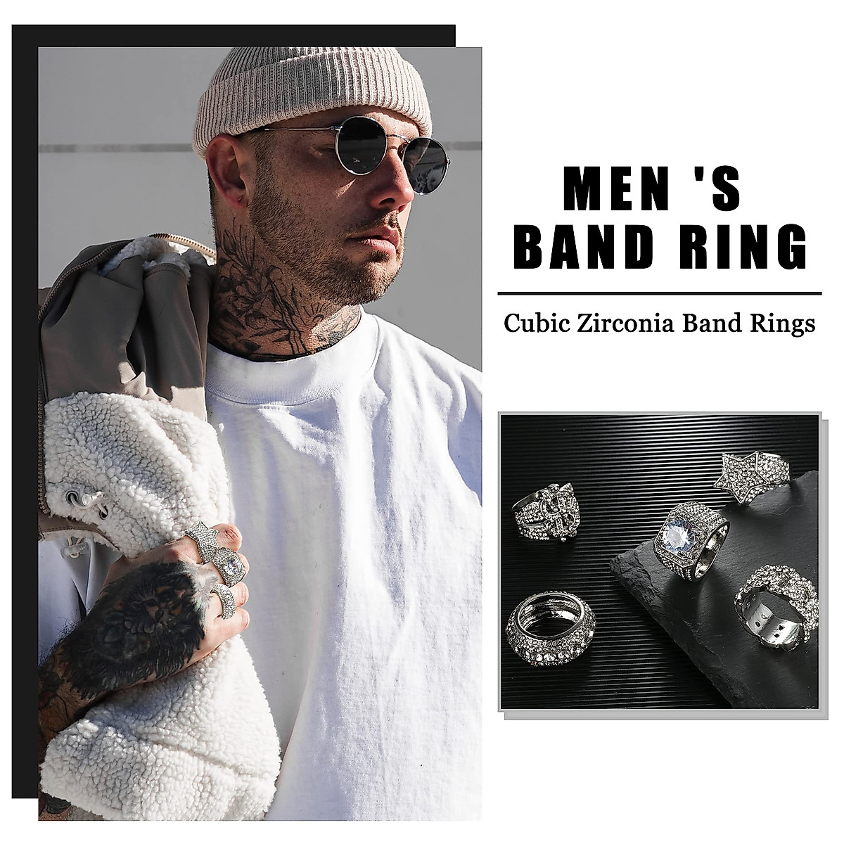 Sanfenly Iced Out Rings for Men Bling Fake Diamond Costume Pinky Rings Chunky Silver 80s 90s Hip Hop Rings Star Cuban Chain Square US Dollar Sign Cool Rapper Ring Fashion Cosplay Man Jewelry Ring Set