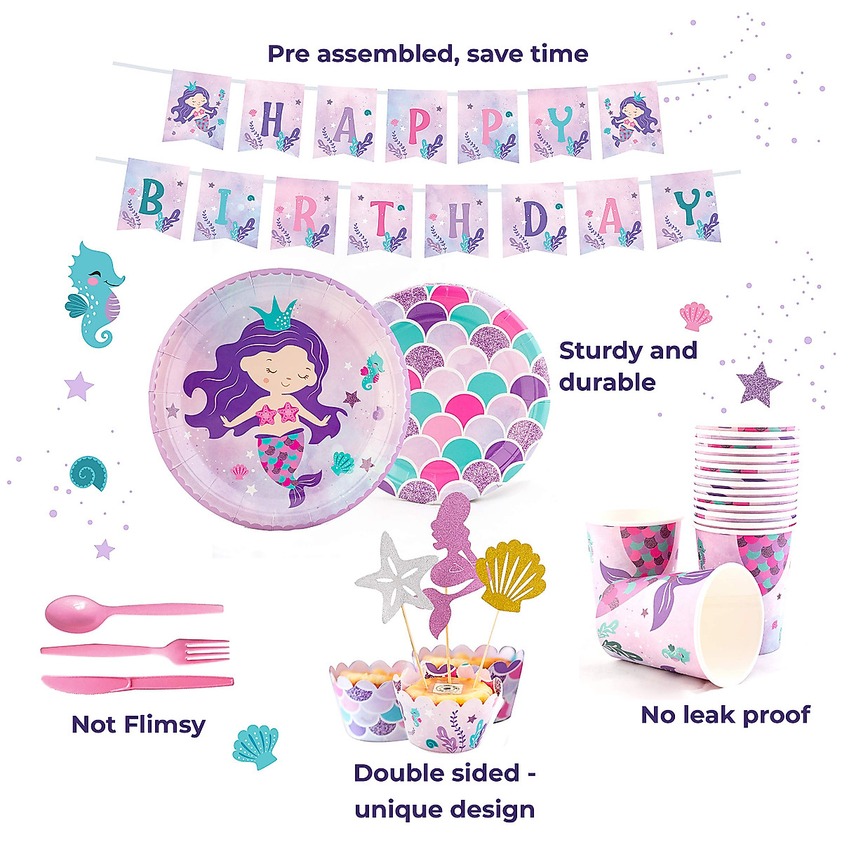 202 Pcs Mermaid Birthday Decorations Serves 16 Guests - Mermaid Party Decorations - Plates, Napkins, Utensils, Goodie Bags, Cupcake Toppers Wrapper and Headband