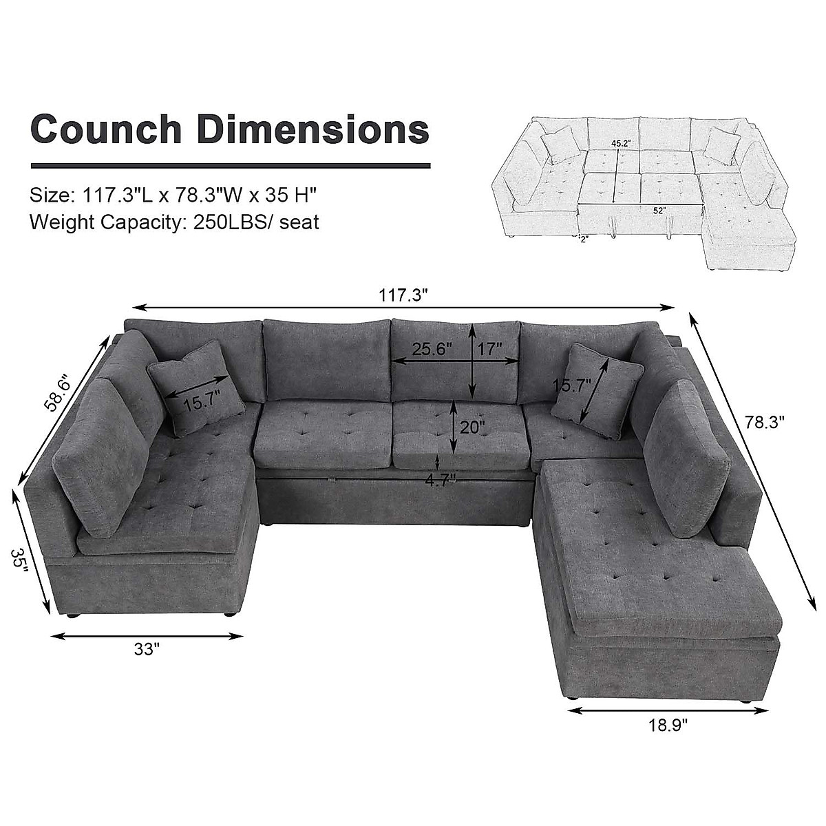 Suheww Pull-Out Sleeper Sectional, 117.3" Modular Sectional Sleeper Sofa with Pull Out Couch Bed, U Shaped Sectional Sleeper Sofa with Pullout for Living Room Grey