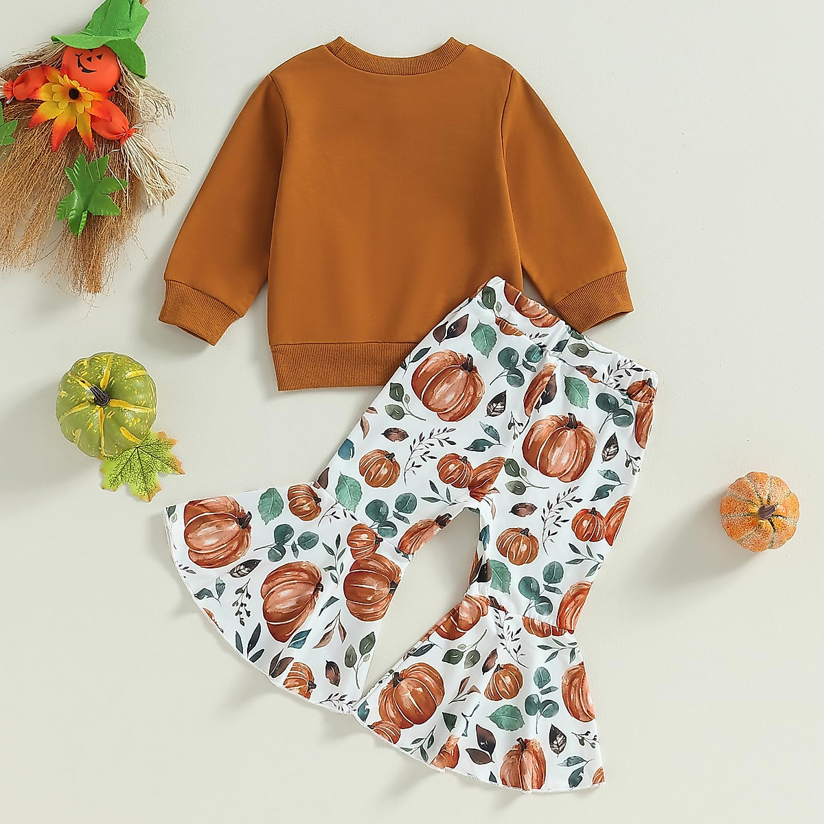 wdehow Toddler Baby Girls Halloween 2pcs outfits Letters Print Sweatshirt Tops Pumpkin Flare Pants Fall Winter Clothes (Brown, 12-18 Months)