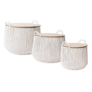 American Art Decor Boho White and Natural Paper Rope Woven Storage Baskets with Wooden Lids Set of 3, Round Decorative Organizer Bin for Laundry, Clothes, Blankets, Toys