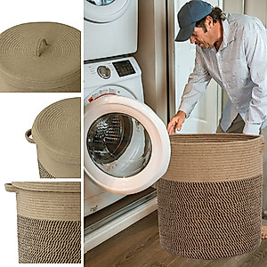 Extra Large Storage Basket with Lid 60L, 16"Wx18"H Woven laundry basket with lid Jute Laundry Basket, Wicker Basket Blankets Pillows Storage in Living Room Baby Nursery, Jute/Black Mix with Lid