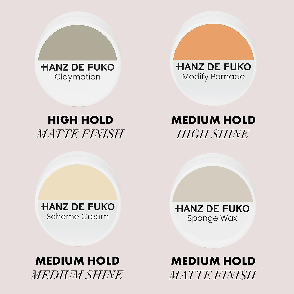 Hanz de Fuko Deluxe Hair Care Kit – Super Styling Sampler Featuring Claymation, Sponge Wax, Modify Pomade, Scheme Cream – 4 pack, 0.25oz each