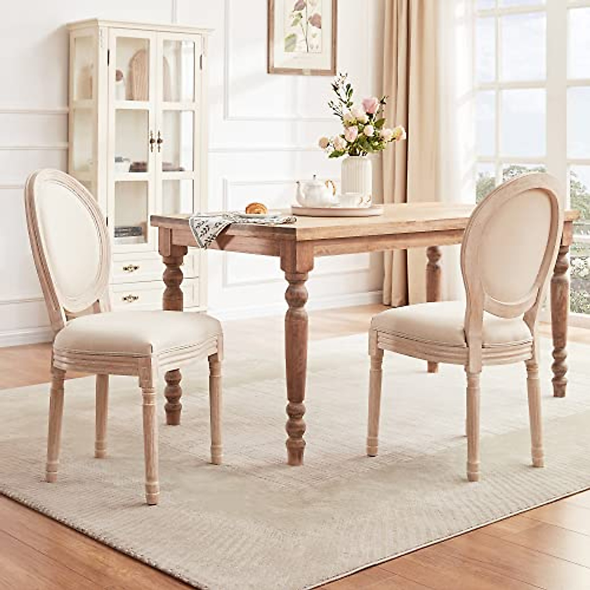 French Country Dining Chairs Set of 2, Farmhouse Dining Chairs with Round Backrest, Mid Century Upholstered King Louis Back Accent Side Chair with Solid Wood Leg for Dining Room Bedroom Kitchen