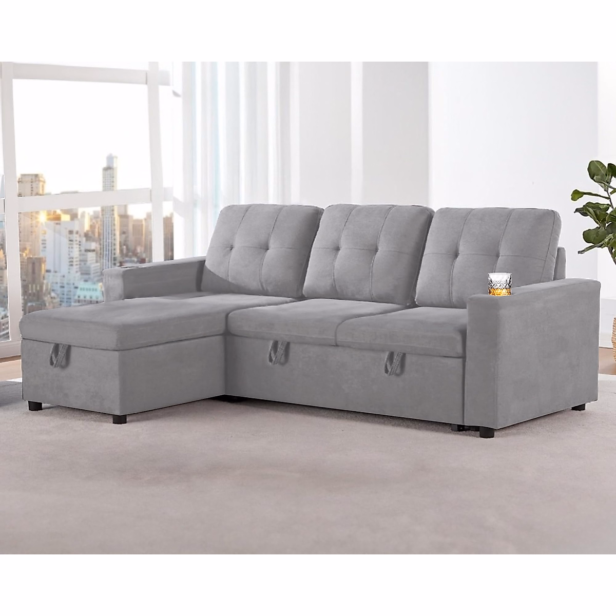yoyomax L Shaped Sofa-82'' Sectional Sofa with Storage Chaises & Cup Holders, Pull Out Bed & Storage Space for Living Room, Apartment and Office, Light Grey(Left)