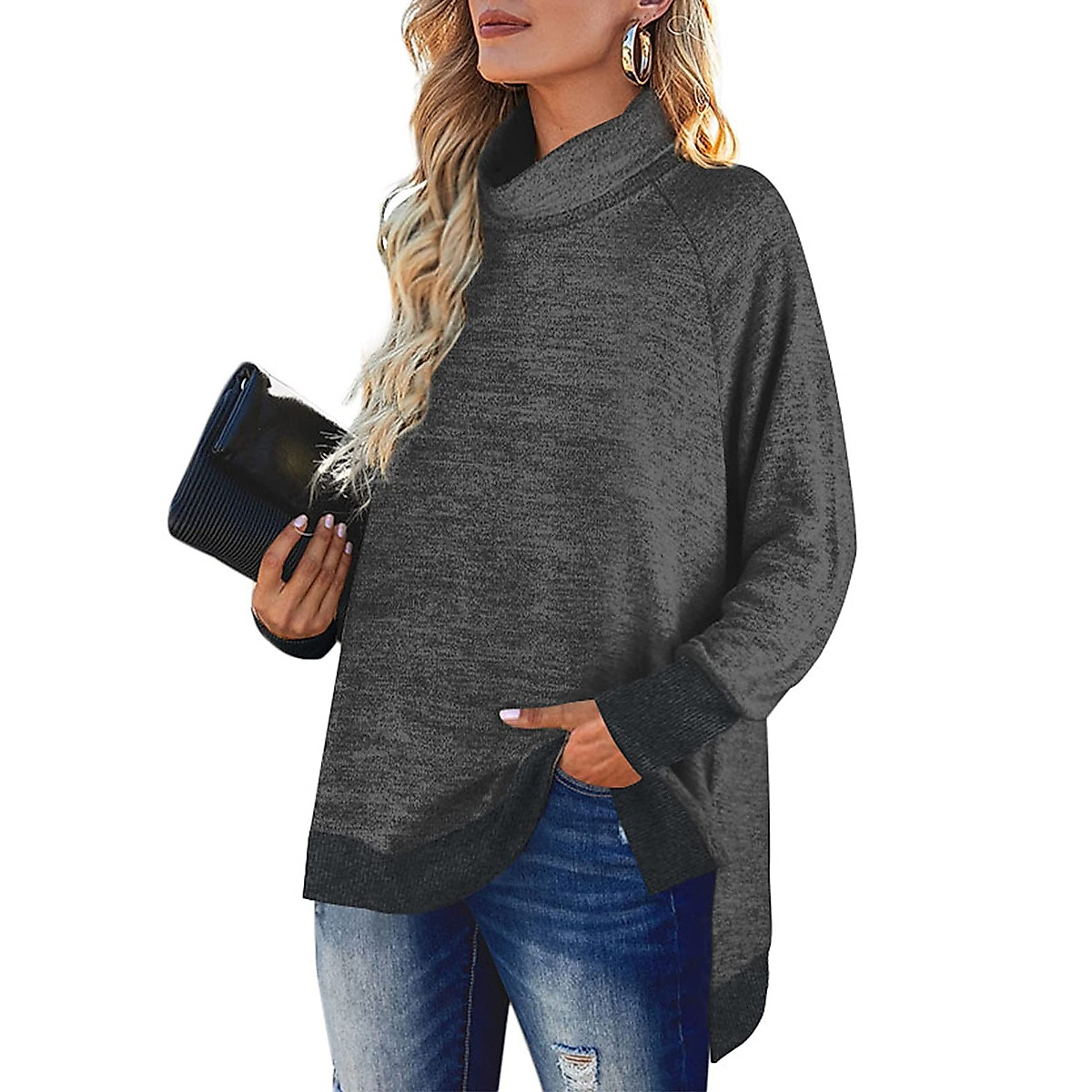 OFEEFAN Tunic Sweatshirts for Women Tops Long Sleeve Womens Turtleneck Gray XL