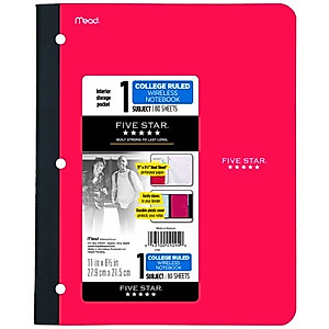 Five Star Bound Notebook with Pocket, 1 Subject, College Ruled Paper, 80 Sheets, 11" x 8-1/2", Color Selected For You, 1 Count (09294)