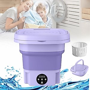 Portable Washing Machine for Apartments, 8L Foldable Mini Washing Machine with 3 Levels Timing Vibration Wave & Drainer Basket, Compact Washer for Baby Clothes, Towels, Underwear or Small Items Purple
