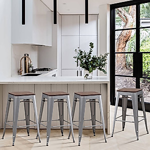 Alunaune 24" Metal Counter Height Bar Stools Set of 4 Industrial Backless Kitchen Patio Counter Stool Stackable Barstools Wood Top- 24inch, Silver