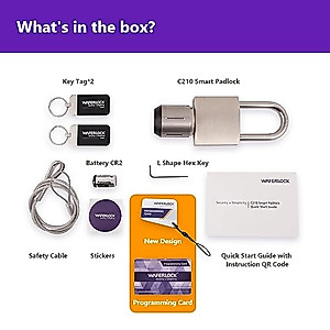 WAFERLOCK Outdoor Weatherproof Smart Padlock with Bluetooth App Control, Keycard, Pin Code, Ideal for Fence, Gate, Shed and Equipment Maintenance, Anti-Drill, Anti-Shim, Stainless Steel, C210