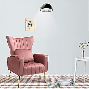 WQSLHX Living Room Chairs Set of 2 with Lumbar Pillow, Velvet Accent Chair with High Back Mid Century Armchair for Bedroom with Armrest, Arm Chair with Golden Metal Legs, Pink