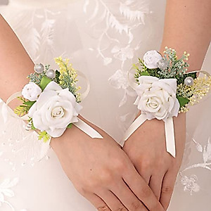 Kercisbeauty White Rose Flower Corsage Wristlet Pearl Bracelet for Wedding Bridesmaid and Flower Girls Handmade Ribbon Wrist Chain (White)