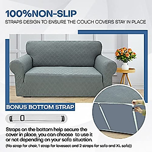 JIVINER Stretch Loveseat Sofa Cover, 1 Piece Jacquard Couch Covers for 2 Cushion Couch with Elastic Bottom, Non Slip Soft Love seat Furniture Protector for Kids, Pets (Medium, Leaf Patten Light Gray)