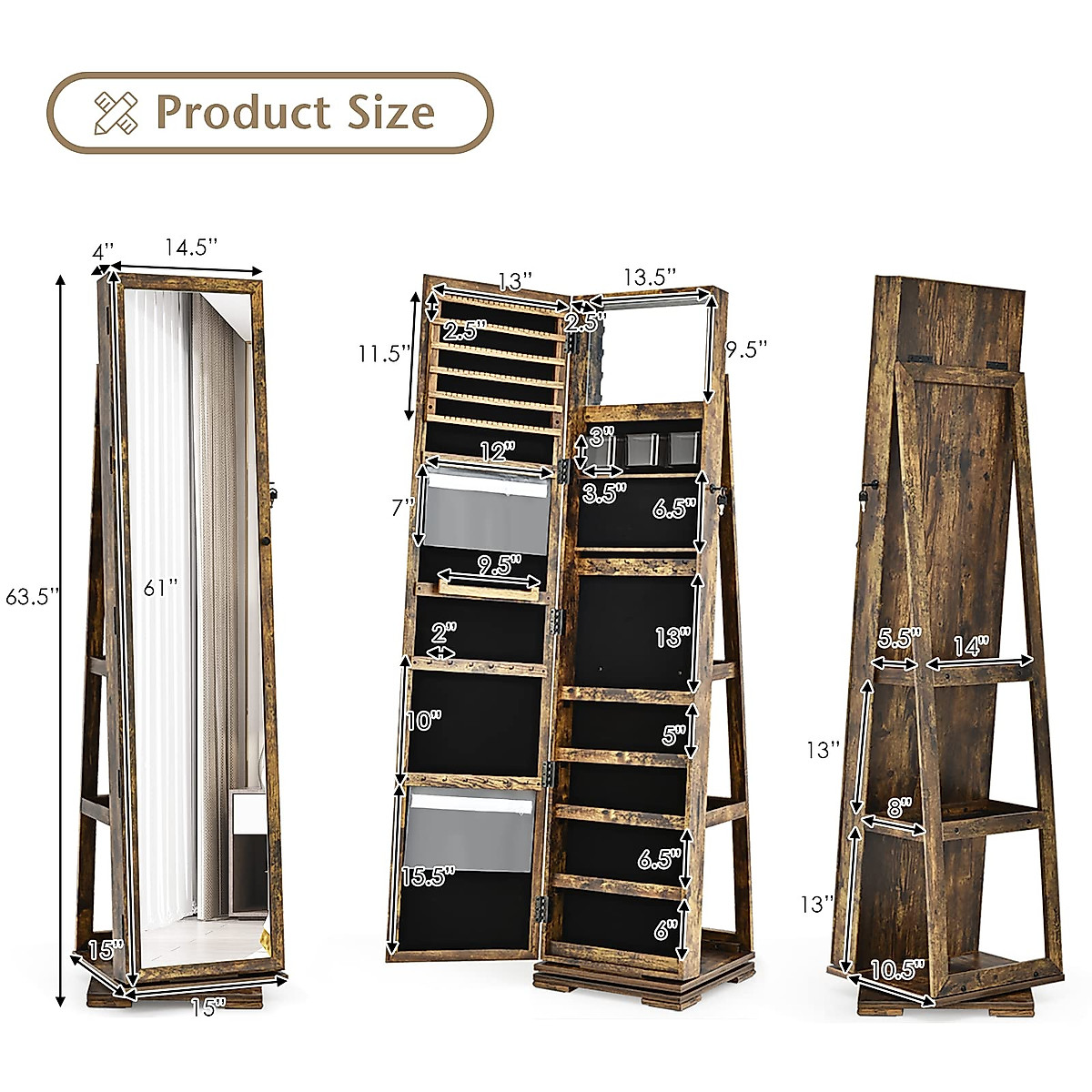 COSTWAY 360 Rotating Jewelry Armoire Cabinet, Standing Jewelry Organizer w/Full-Length Mirror & Large Storage Space, Lockable Mirror Jewelry Cabinet for Girls Women (Rustic Brown)