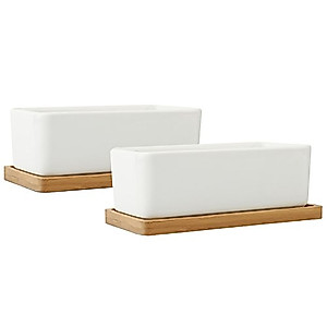 MyGift White Ceramic Plant Pots with Drainage, Rectangular Succulent Planter with Removable Bamboo Saucers, Set of 2