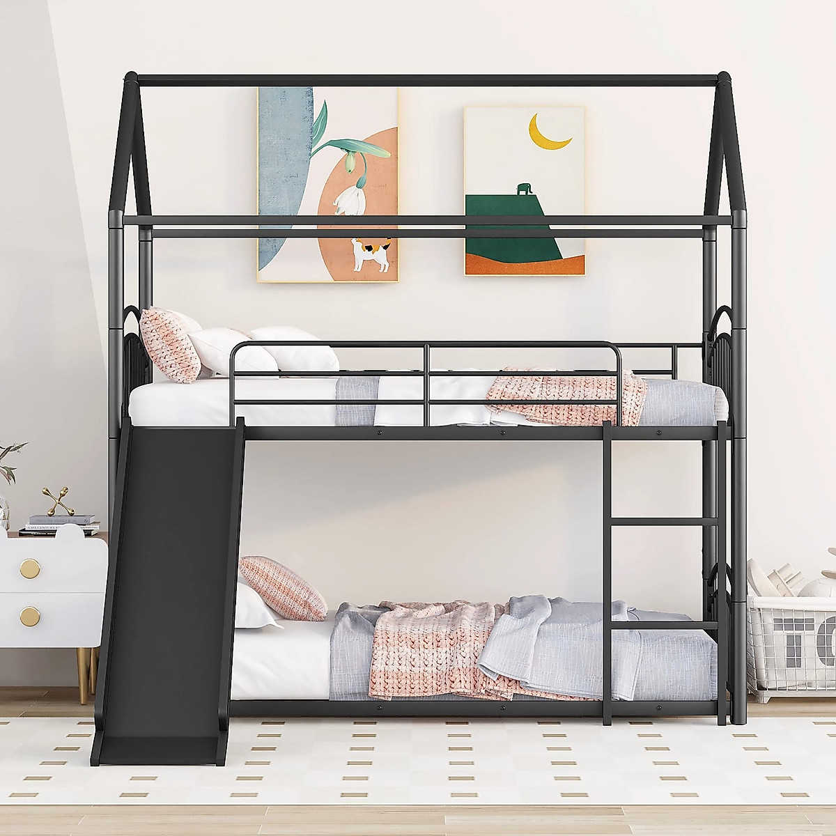 House Bunk Bed with Slide, Twin Over Twin Metal Bunk Bed with Roof and Security Guardrail, Floor Bunk Bed for Kids Teens Boys & Girls, Convertible Design (Black)