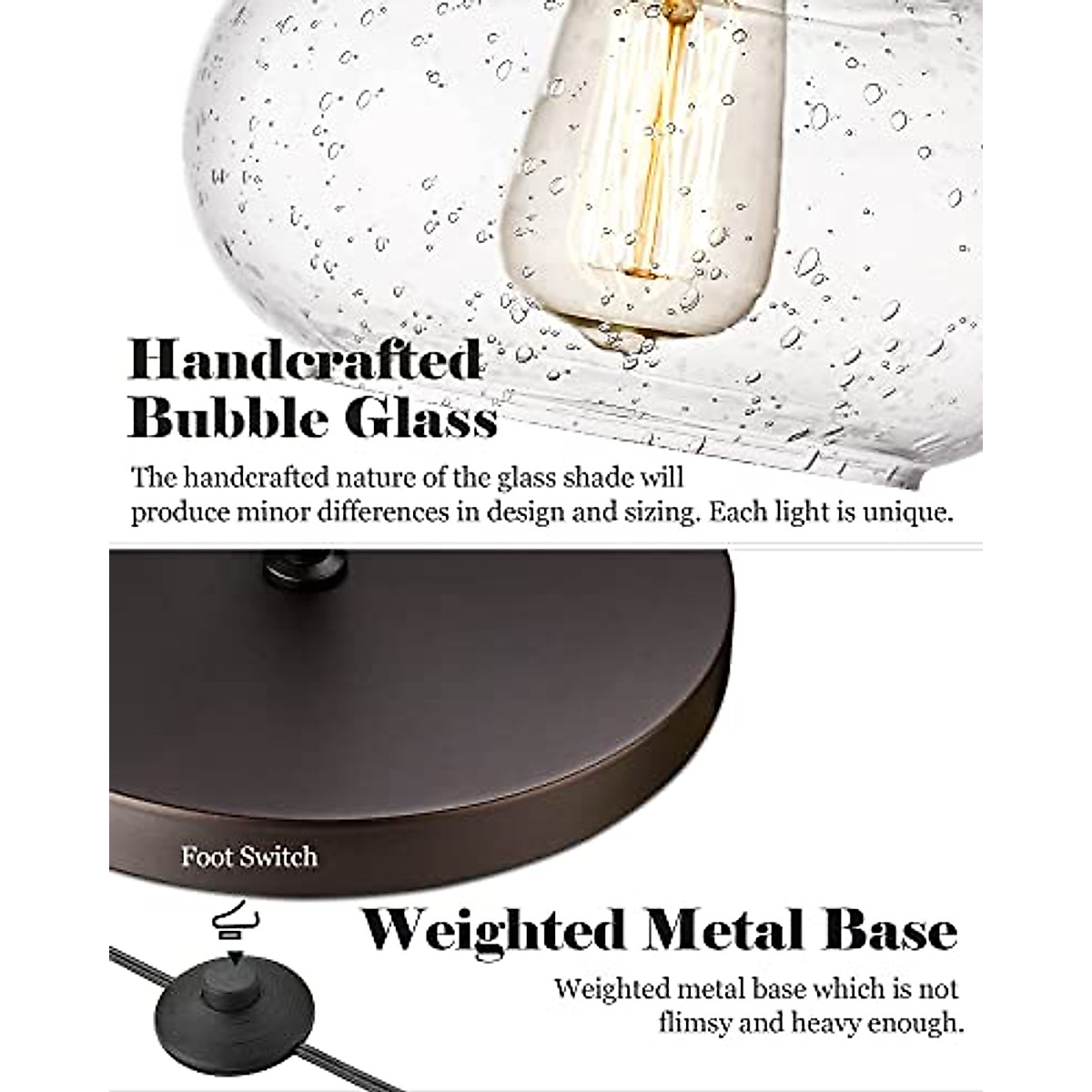 ELYONA Farmhouse Standing Light, Bubble Glass Tall Pole Lamp, Adjustable Industrial Floor Lamp for Bedroom Living Room Office, Edison 6W Bulb Included, Oil Rubbed Bronze Finish