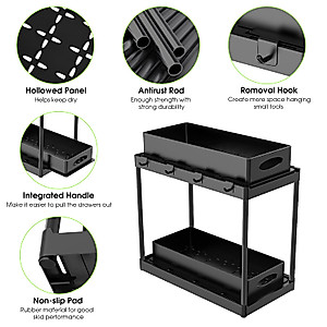 Under Sink Organizer with Dual Sliding Drawers, 2 Tier Under Kitchen Sink Organizers and Storage with 4 Hooks, Slide Out Under-Sink Storage for Bathroom Organizer, Kitchen Organization (Black)