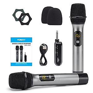 PERWHY Wireless Microphone System, UHF All Metal Cordless Dual Handheld Dynamic Mic Set with Rechargeable Receiver, for Karaoke Party, Amplifier, PA System, Singing Machine, Church, Wedding, 200ft
