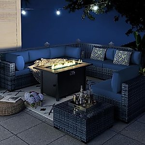 SUNLEI Patio Furniture Set (8 PCS) with 45" 50000BTU Pit Table, All Weather Rattan Patio Conversation Sofa with Coffee Table, Aegean Blue/Black Rattan