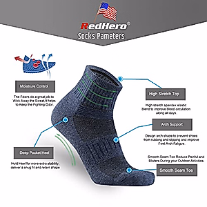 RedHero Men's Merino Wool Cushion Low Cut Quarter Socks for Outdoor Hiking Trail Running Light Performance Moisture Control(Denim L)