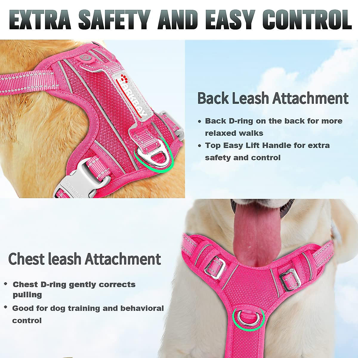 BARKBAY No Pull Dog Harness Large Step in Reflective Dog Harness with Front Clip and Easy Control Handle for Walking Training Running with ID tag Pocket(Pink,L)