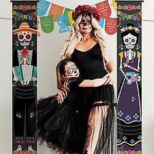 Day of the Dead Banner Decoration, 2 Pieces Dia De Los Muertos Porch Sign Mexico Welcome Hanging Wall Banner for Festival Halloween Indoor Outdoor Events Yard Supplies Decor 11.8 x 70.9 Inch