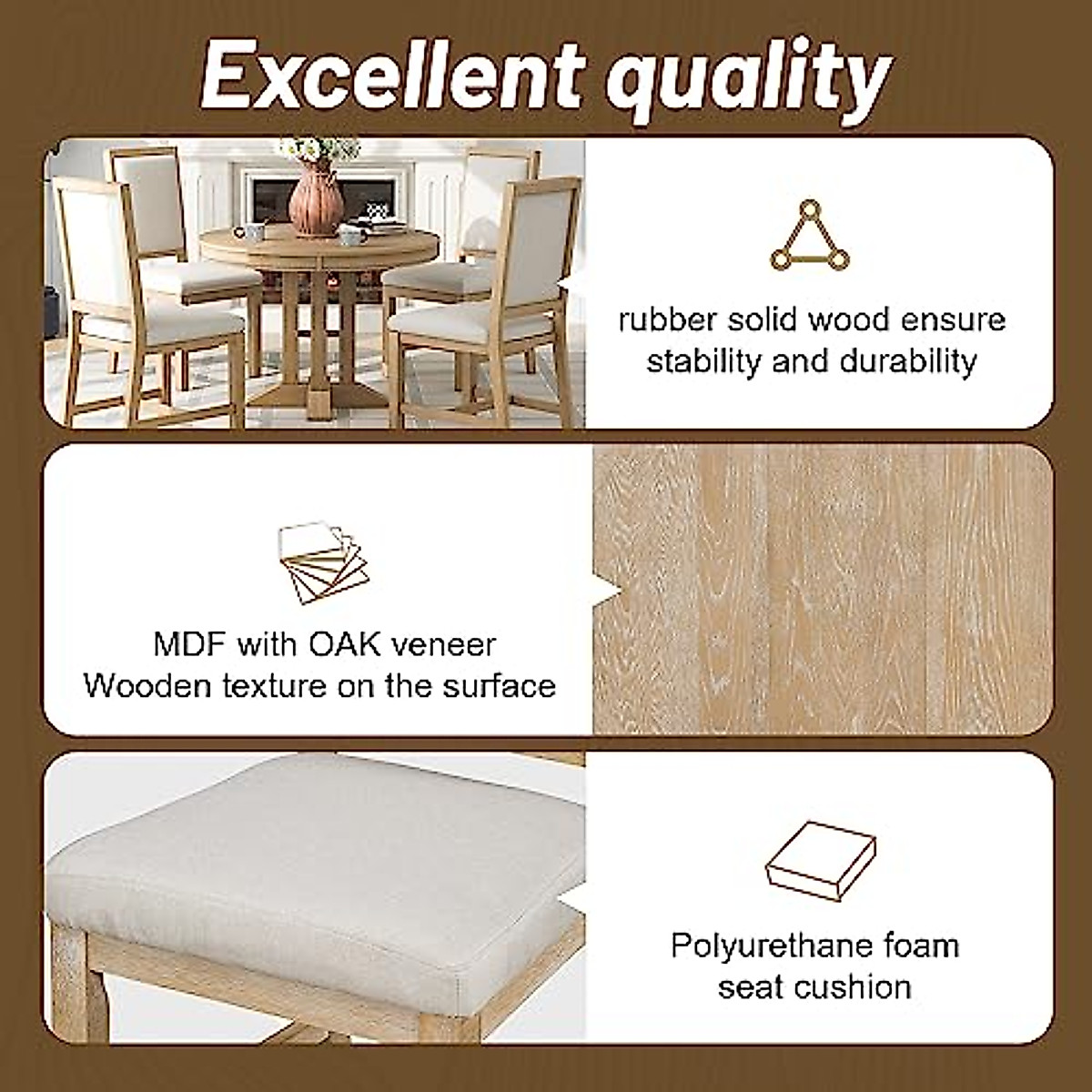 Dinehome 5-Piece Round Extendable Table Set for 4 with Four Upholstered Chairs, for Dining Room, Natural Wood Wash