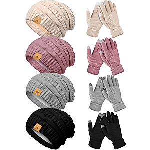 JaGely 8 Pieces Winter Hats and Gloves Set Women Warm Gloves Touchscreen Knitted Lined Gloves Winter Beanies for Women (Black, Gray, Pink, Beige)