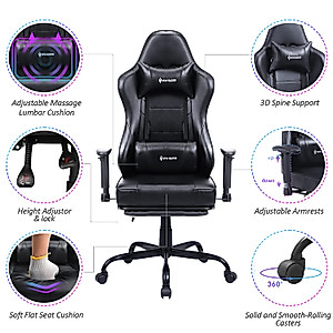 VON RACER Massage Gaming Chair with Footrest - Racing Desk Office Chair with Retractable Footrest and 2D Armrests, High Back Ergonomic Leather Computer Chair(Classic Black)