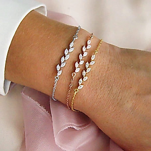 BERISO Dainty Bracelets for Women Shiny Silver Plated Tiny Cubic Zirconia Leaf Bracelets Minimalist Personalized Adjustable CZ Leaves Shining Bracelet Fancy